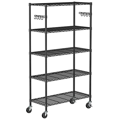 5 Tier Storage Shelves with Wheels - Metal Shelves for Storage Heavy Duty Adjustable Wire Shelving Unit Storage Shelf Organizer Storage Rack for Kitchen Garage Pantry Closet Laundry(36L x 14W x 75H)