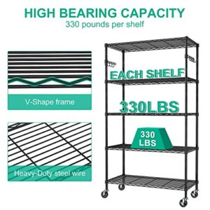 5 Tier Storage Shelves with Wheels - Metal Shelves for Storage Heavy Duty Adjustable Wire Shelving Unit Storage Shelf Organizer Storage Rack for Kitchen Garage Pantry Closet Laundry(36L x 14W x 75H)