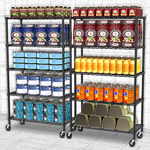 5 Tier Storage Shelves with Wheels - Metal Shelves for Storage Heavy Duty Adjustable Wire Shelving Unit Storage Shelf Organizer Storage Rack for Kitchen Garage Pantry Closet Laundry(36L x 14W x 75H)