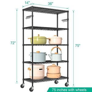 5 Tier Storage Shelves with Wheels - Metal Shelves for Storage Heavy Duty Adjustable Wire Shelving Unit Storage Shelf Organizer Storage Rack for Kitchen Garage Pantry Closet Laundry(36L x 14W x 75H)