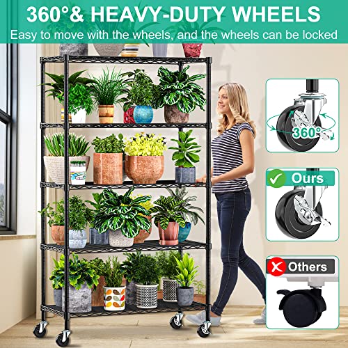 5 Tier Storage Shelves with Wheels - Metal Shelves for Storage Heavy Duty Adjustable Wire Shelving Unit Storage Shelf Organizer Storage Rack for Kitchen Garage Pantry Closet Laundry(36L x 14W x 75H)