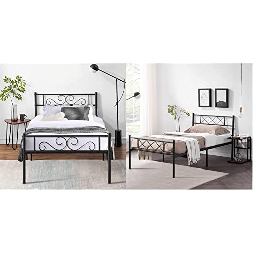 VECELO Metal Platform Bed Frame/Mattress Foundation, Twin Black & Metal Platform Bed Frame Mattress Foundation with Headboard & Footboard/Firm Support & Easy Set up Structure, Twin, Black