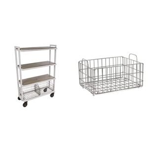 atlantic system 4 tier cart-wide mobile storage, interchange shelves and baskets, powder-coated steel frame pn in white & modular cart system wire storage basket