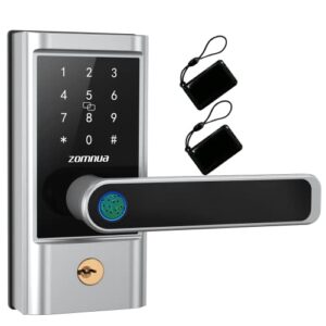 keyless entry door lock, zomnua fingerprint lever lock keypad door lock with handle, deadbolt alternative front door lock biometric passcode code door lock with ic card for home hotel office (silver)