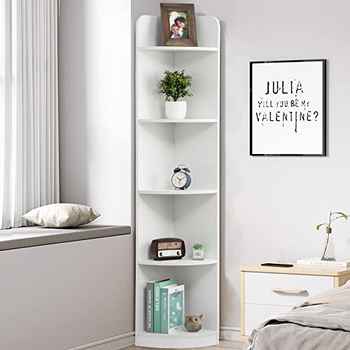 5-Tier Corner Bookshelf - 63" Tall Modern Free-Standing Corner Bookcase - Durable Wood Corner Cabinet and Plant Shelf in Clean White for Living Rooms, Bedrooms, Kitchens, and Offices-White