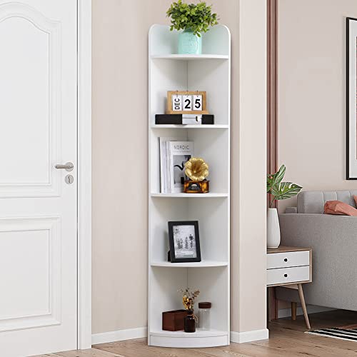 5-Tier Corner Bookshelf - 63" Tall Modern Free-Standing Corner Bookcase - Durable Wood Corner Cabinet and Plant Shelf in Clean White for Living Rooms, Bedrooms, Kitchens, and Offices-White