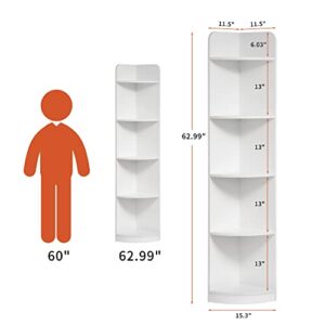 5-Tier Corner Bookshelf - 63" Tall Modern Free-Standing Corner Bookcase - Durable Wood Corner Cabinet and Plant Shelf in Clean White for Living Rooms, Bedrooms, Kitchens, and Offices-White