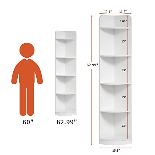 5-Tier Corner Bookshelf - 63" Tall Modern Free-Standing Corner Bookcase - Durable Wood Corner Cabinet and Plant Shelf in Clean White for Living Rooms, Bedrooms, Kitchens, and Offices-White