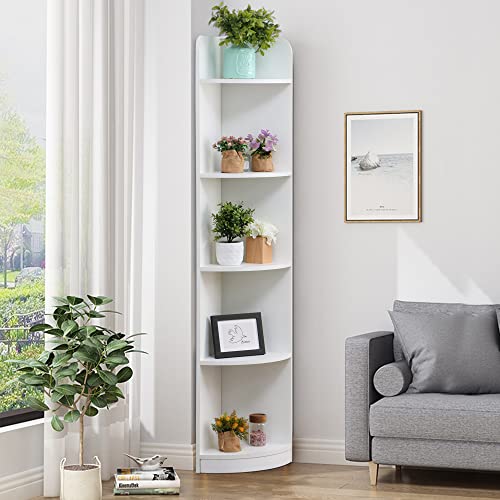 5-Tier Corner Bookshelf - 63" Tall Modern Free-Standing Corner Bookcase - Durable Wood Corner Cabinet and Plant Shelf in Clean White for Living Rooms, Bedrooms, Kitchens, and Offices-White