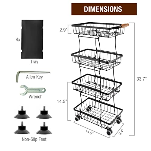 Asani Slim Kitchen Organization Shelf Rack, Convertible 4 Tier Wire Rack Shelving with Wheels, Works as Bathroom Shelf Organizer, Spice Rack Organizer, Wire Fruit Basket, Laundry Room Storage