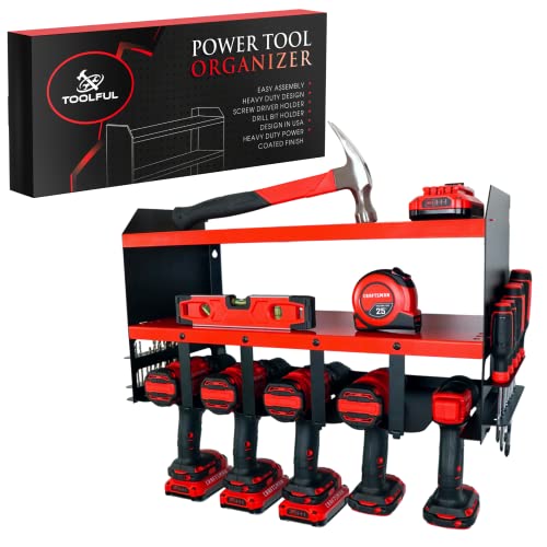 Power Tool Organizer Wall Mount – Durable 3 Layer Tool Storage for Cordless Power Drills – Power Coated Steel Utility Shelf w/Drill Bit & Screw Organizer – Garage Shelves for Tool Organization - Red