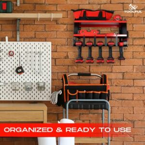 Power Tool Organizer Wall Mount – Durable 3 Layer Tool Storage for Cordless Power Drills – Power Coated Steel Utility Shelf w/Drill Bit & Screw Organizer – Garage Shelves for Tool Organization - Red