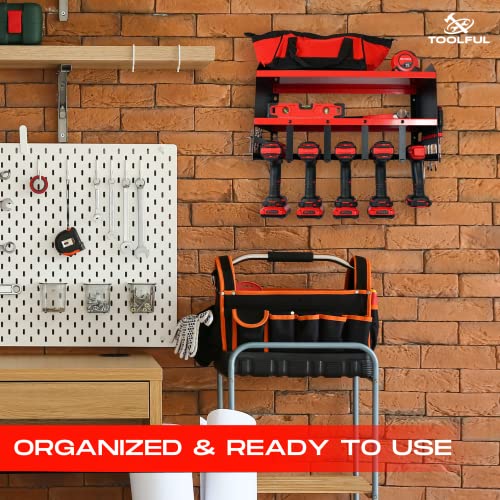 Power Tool Organizer Wall Mount – Durable 3 Layer Tool Storage for Cordless Power Drills – Power Coated Steel Utility Shelf w/Drill Bit & Screw Organizer – Garage Shelves for Tool Organization - Red