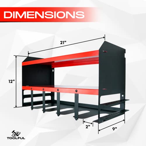 Power Tool Organizer Wall Mount – Durable 3 Layer Tool Storage for Cordless Power Drills – Power Coated Steel Utility Shelf w/Drill Bit & Screw Organizer – Garage Shelves for Tool Organization - Red