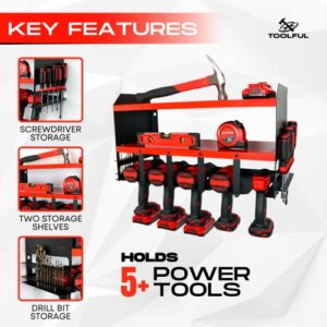 Power Tool Organizer Wall Mount – Durable 3 Layer Tool Storage for Cordless Power Drills – Power Coated Steel Utility Shelf w/Drill Bit & Screw Organizer – Garage Shelves for Tool Organization - Red