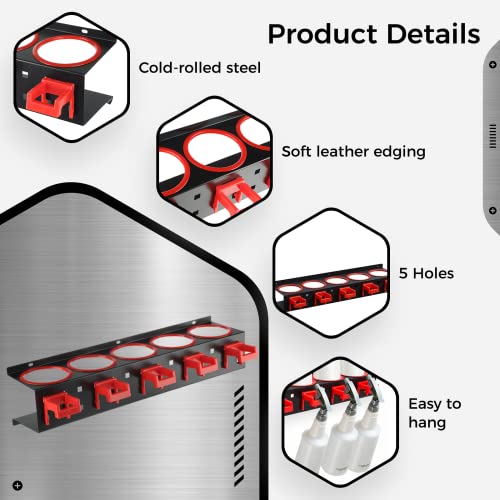 COSYOO Spray Bottle Rack - Spray Bottle Wall Rack, Auto Cleaning Detailing Tools, Can Holder Storage Rack Organizer Wall Mounted Aerosol Bottle Organizer with 5 Holes and 5 Hanging Hooks