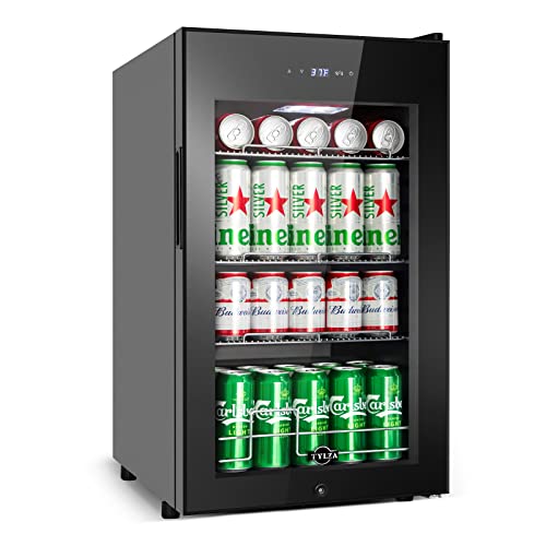 Tylza Mini Beverage Refrigerator Freestanding, 101 Cans Beverage Cooler with Glass Door, Mini Fridge for Soda, Water, Beer or Wine - For Home or Office with White Light, TYBC24