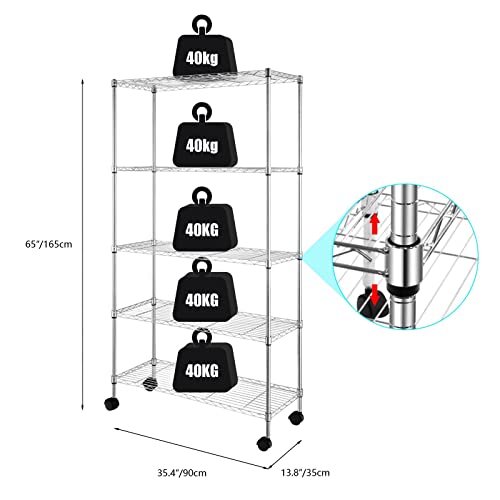 Karl home 5 - Wire Shelving Unit with Wheels, Adjustable Shelves Metal Storage Rack for Kitchen/Bathroom/Garage/Pantry Closet Organization, 1100LBS Capacity, 35’’L x 14’’W x 65’’H