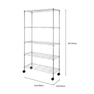 Karl home 5 - Wire Shelving Unit with Wheels, Adjustable Shelves Metal Storage Rack for Kitchen/Bathroom/Garage/Pantry Closet Organization, 1100LBS Capacity, 35’’L x 14’’W x 65’’H