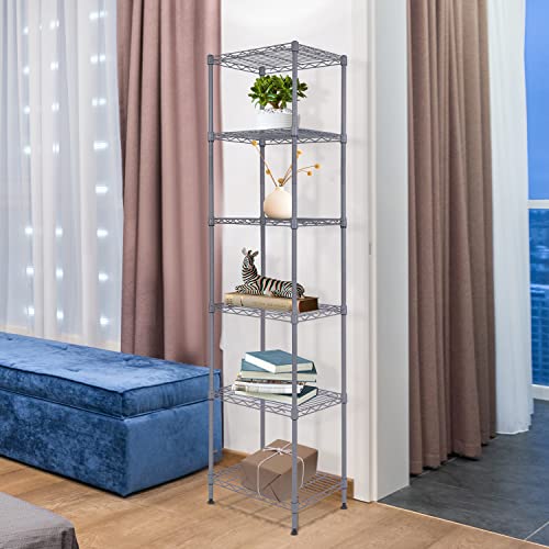 GIOTORENT 6-Tier Standing Shelving Metal Units, Adjustable Height Wire Shelf Display Rack for Laundry Bathroom Kitchen 16.6” x 11.6” x 63” (6-Tier-Down, Gray)