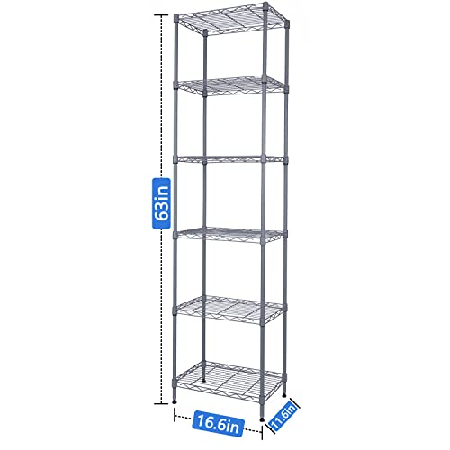 GIOTORENT 6-Tier Standing Shelving Metal Units, Adjustable Height Wire Shelf Display Rack for Laundry Bathroom Kitchen 16.6” x 11.6” x 63” (6-Tier-Down, Gray)