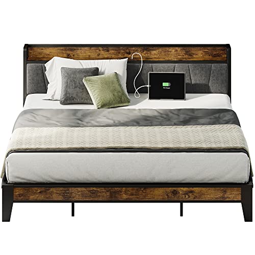 LIKIMIO King Size Bed Frame, Storage Headboard with Charging Station, Solid and Stable, Noise Free, No Box Spring Needed, Easy Assembly