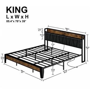 LIKIMIO King Size Bed Frame, Storage Headboard with Charging Station, Solid and Stable, Noise Free, No Box Spring Needed, Easy Assembly