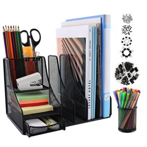 Desk Organizers and Accessories, Mesh Desk Organizer with Sliding Drawer + Pen Holder/72 Clips Set, 4 Vertical File Organizer to Collect Office Supplies, Black Desk Organizers for Home, Office, School