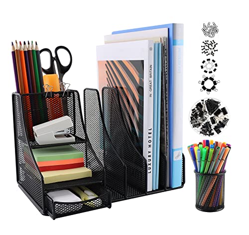 Desk Organizers and Accessories, Mesh Desk Organizer with Sliding Drawer + Pen Holder/72 Clips Set, 4 Vertical File Organizer to Collect Office Supplies, Black Desk Organizers for Home, Office, School