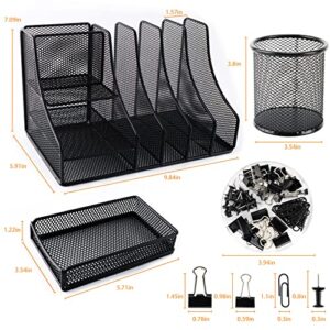 Desk Organizers and Accessories, Mesh Desk Organizer with Sliding Drawer + Pen Holder/72 Clips Set, 4 Vertical File Organizer to Collect Office Supplies, Black Desk Organizers for Home, Office, School