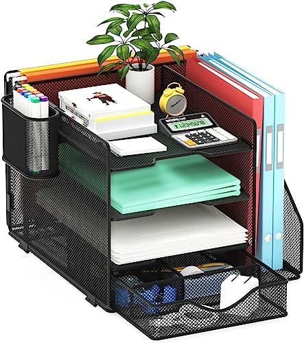 BOHDK Desk Organizer with Drawer and Pen Holder, 4-Tier Desk Organizers and Accessories, File Organizer for Workspace Office School Home