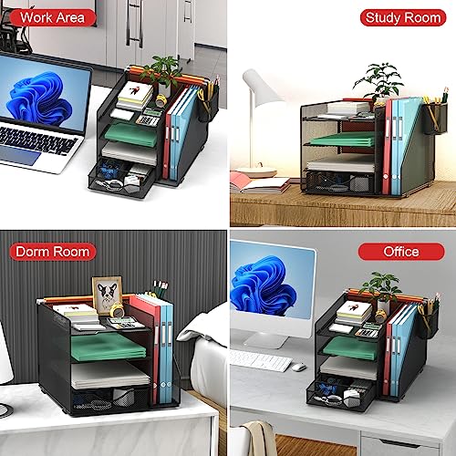 BOHDK Desk Organizer with Drawer and Pen Holder, 4-Tier Desk Organizers and Accessories, File Organizer for Workspace Office School Home