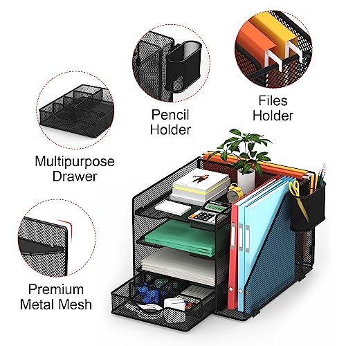 BOHDK Desk Organizer with Drawer and Pen Holder, 4-Tier Desk Organizers and Accessories, File Organizer for Workspace Office School Home