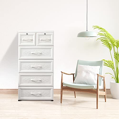 Five-Shelf Freestanding Storage Cabinet, Plastic Dresser with 6 Drawers, Tower Closet Organizer on Wheels, for Bedroom, Apartments, Dorm Rooms