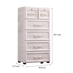 Five-Shelf Freestanding Storage Cabinet, Plastic Dresser with 6 Drawers, Tower Closet Organizer on Wheels, for Bedroom, Apartments, Dorm Rooms