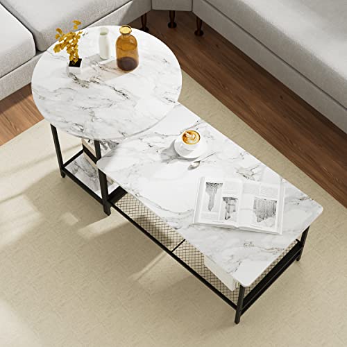 Wolawu Coffee Table White Marble Set of 2 Large Round and Long Rectangle 2 Tiers Wood Storage Shelf Detachable Modern Living Room White Marble