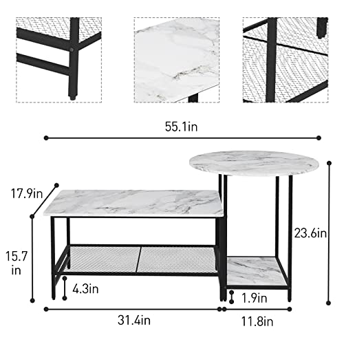 Wolawu Coffee Table White Marble Set of 2 Large Round and Long Rectangle 2 Tiers Wood Storage Shelf Detachable Modern Living Room White Marble