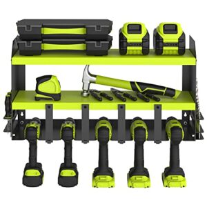 bull-tech power tool organizer, 5 drill holder wall mount with storage rack, cordless drill charging station, wall mount shelf screwdriver holder,premium garage storage organizers(green)