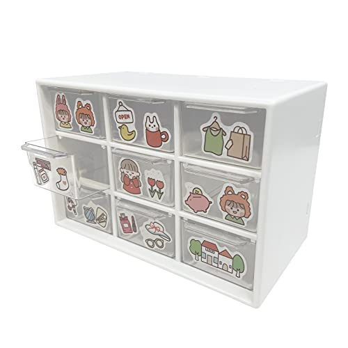 HMIEPRS Mini Plastic Storage Organizer and Cute Stickers, Mini Drawer Organizer with 9 Craft Cases, Desktop Organizer Clear Acrylic Storage Box for Handmade Accessories or Sundries (White)