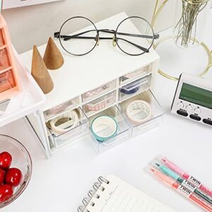 HMIEPRS Mini Plastic Storage Organizer and Cute Stickers, Mini Drawer Organizer with 9 Craft Cases, Desktop Organizer Clear Acrylic Storage Box for Handmade Accessories or Sundries (White)