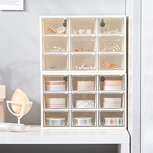 HMIEPRS Mini Plastic Storage Organizer and Cute Stickers, Mini Drawer Organizer with 9 Craft Cases, Desktop Organizer Clear Acrylic Storage Box for Handmade Accessories or Sundries (White)