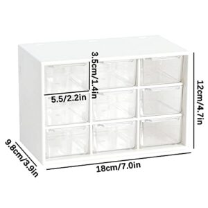 HMIEPRS Mini Plastic Storage Organizer and Cute Stickers, Mini Drawer Organizer with 9 Craft Cases, Desktop Organizer Clear Acrylic Storage Box for Handmade Accessories or Sundries (White)