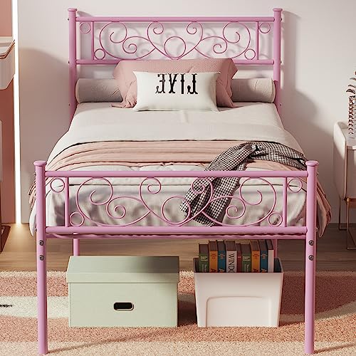 Elephance Twin Size Bed Frame with Headboard and Footboard, Metal Platform Bed Frame with 14 Inch Storage Space Mattress Foundation No Box Spring Needed for Girl Pink