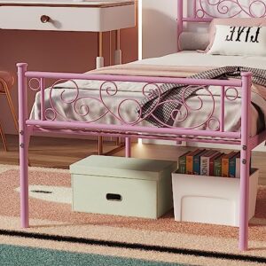 Elephance Twin Size Bed Frame with Headboard and Footboard, Metal Platform Bed Frame with 14 Inch Storage Space Mattress Foundation No Box Spring Needed for Girl Pink