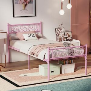 Elephance Twin Size Bed Frame with Headboard and Footboard, Metal Platform Bed Frame with 14 Inch Storage Space Mattress Foundation No Box Spring Needed for Girl Pink