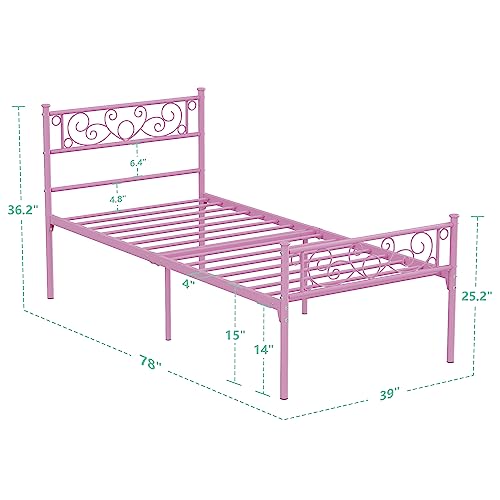 Elephance Twin Size Bed Frame with Headboard and Footboard, Metal Platform Bed Frame with 14 Inch Storage Space Mattress Foundation No Box Spring Needed for Girl Pink