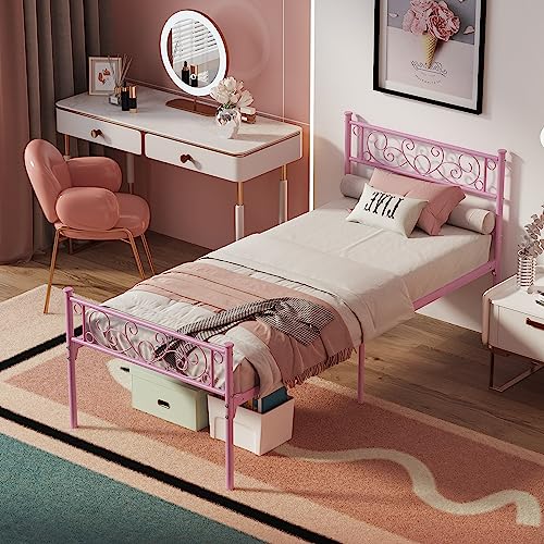 Elephance Twin Size Bed Frame with Headboard and Footboard, Metal Platform Bed Frame with 14 Inch Storage Space Mattress Foundation No Box Spring Needed for Girl Pink