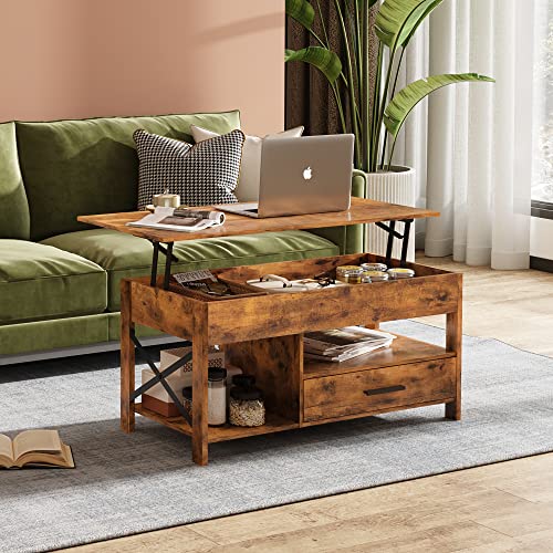 WLIVE Lift Top Coffee Table for Living Room,Coffee Table with Storage,Hidden Compartment and Metal Frame, Central Table for Reception Room,Rustic Brown