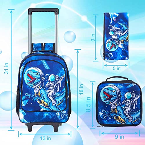 KLFVB Rolling Backpack for Boys, Kids Roller Wheels School Bookbag with Lunch Bag, Wheeled School Bag for Children - Dinosaur