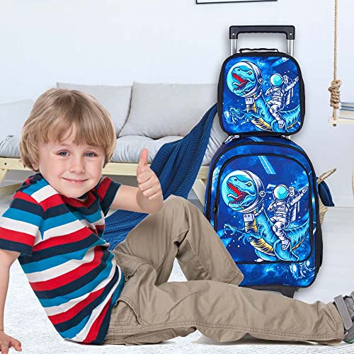 KLFVB Rolling Backpack for Boys, Kids Roller Wheels School Bookbag with Lunch Bag, Wheeled School Bag for Children - Dinosaur